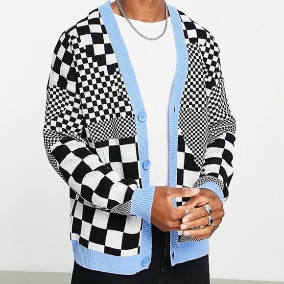 ASOS | Sweaters | Asos Design Knitted Checkerboard Cardigan In Black ...